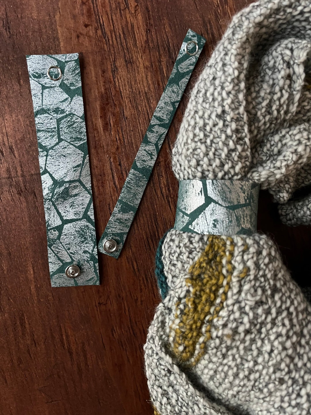 Upcycled, Leather Shawl Cuff, Green, Teal, Silver, Sparkle, Scarf Cuff ...