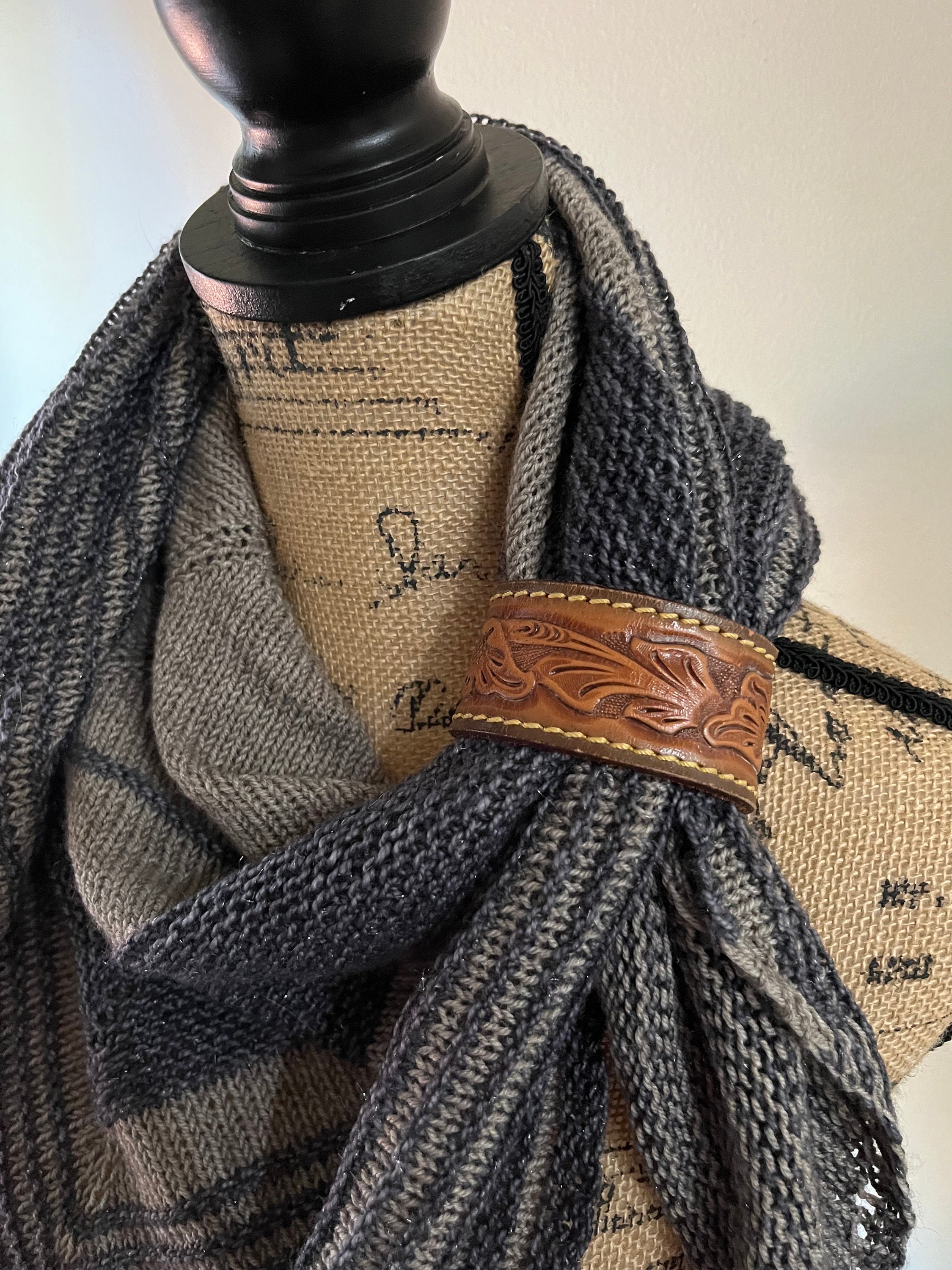 Upcycled Brown Leather Shawl Cuff, Scarf Ring, Embossed - Etsy