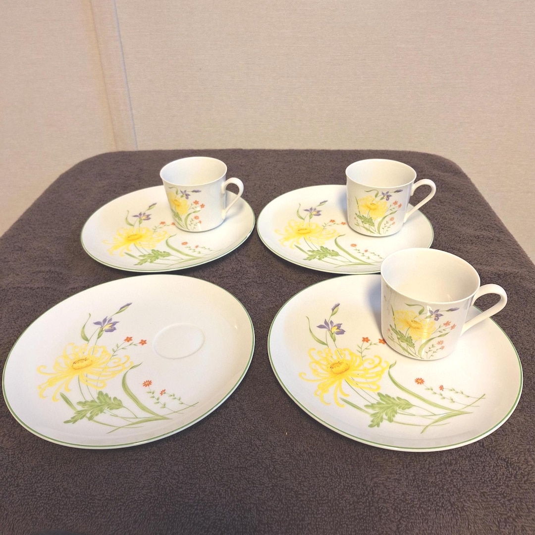 Vintage Yellow Floral Luncheon Set: Teacups and Snack Plates, Set of 3 ...