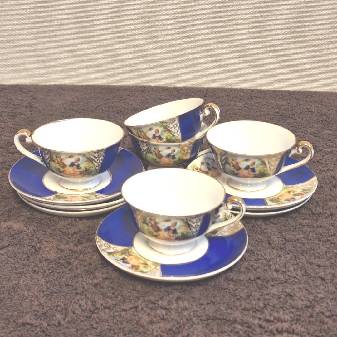 Cobalt Blue Vintage Bavarian Victorian Scene Cups With Saucers - Etsy