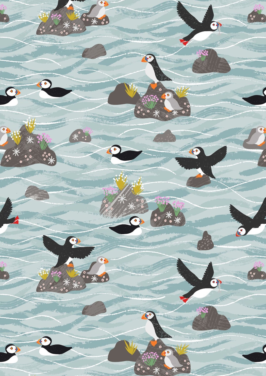 0.5 Metre Puffins on Rocks Light Blue Lewis & Irene 100% Cotton Fabric ...