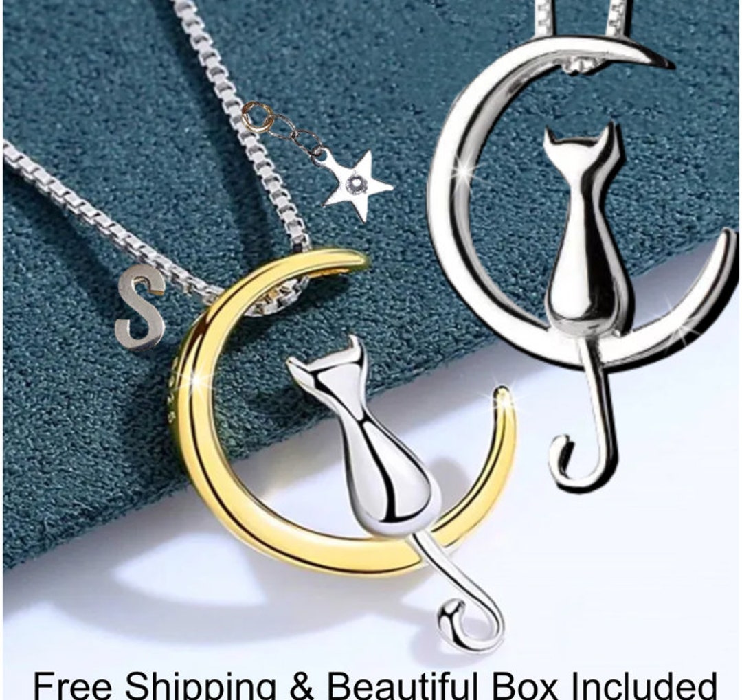 Personalized Cat Moon Necklace Jewelry, Sterling Silver Cat Necklace ...