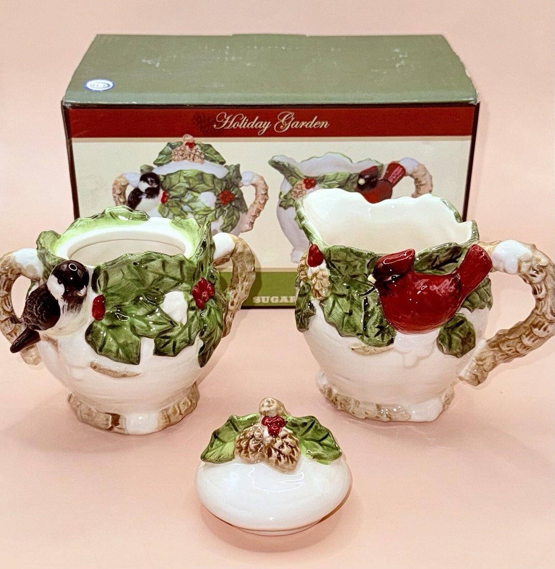 Cracker Barrel Birds Sugar & Creamer Holiday Gardens Winter Cardinals ...