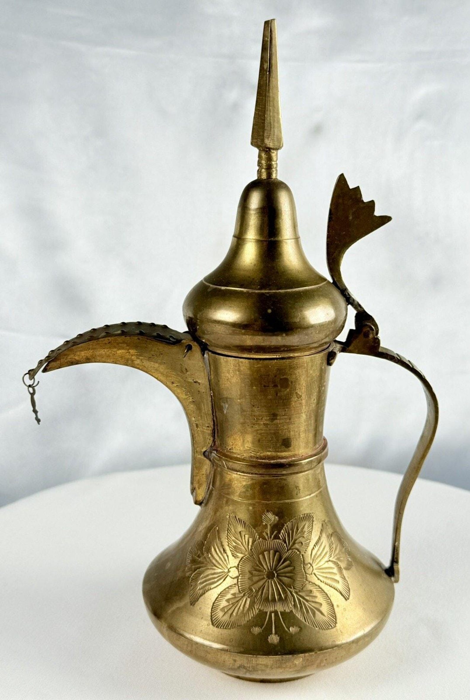 Rare Vintage Engraved Brass Dallah Coffee Tea Pot 9.5'' Etched Flowers ...
