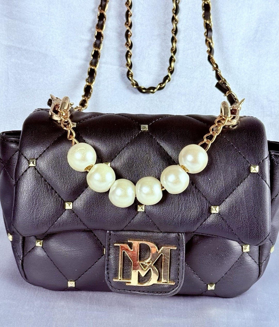 Badgley Mischka Bag Quilt Mini Flap Black & Pearls CROSSBODY Studded ...