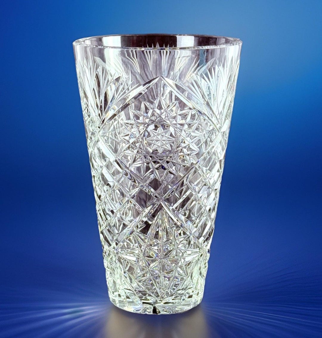 Vintage Cut Lead Crystal Vase 8.5” Pinwheel Starburst Pattern Heavy ...