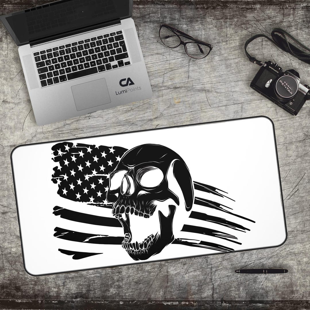 American Flag Skull Desk Mat, Black and White Mousepad, Gaming Desk Mat ...