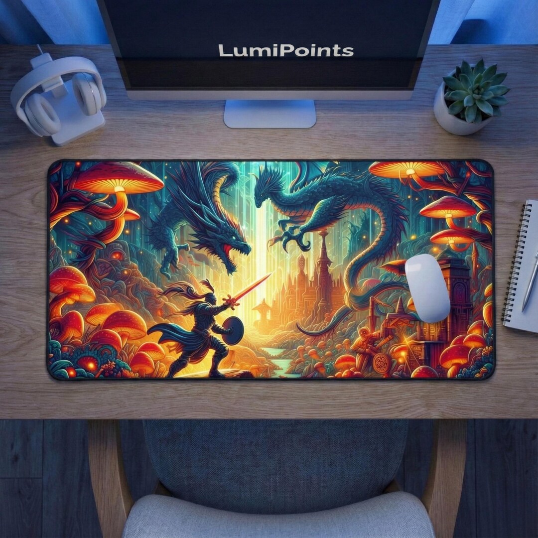 Epic Fantasy Battle Desk Mat, Knight Vs Dragon Mousepad, Psychedelic ...