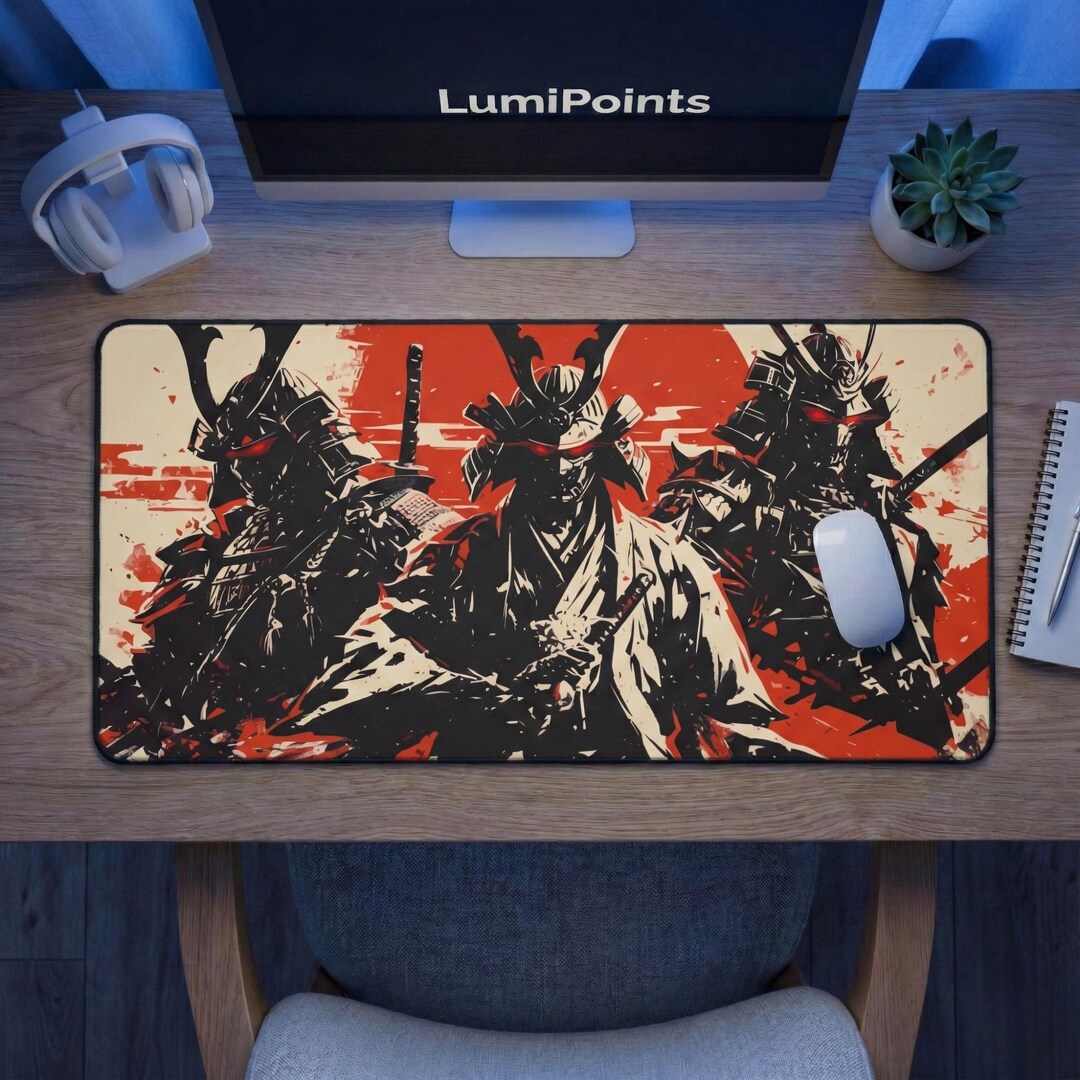 Japanese Samurai Desk Mat, Anime Mouse Pad, Gaming Desk Mat, Red Sun ...