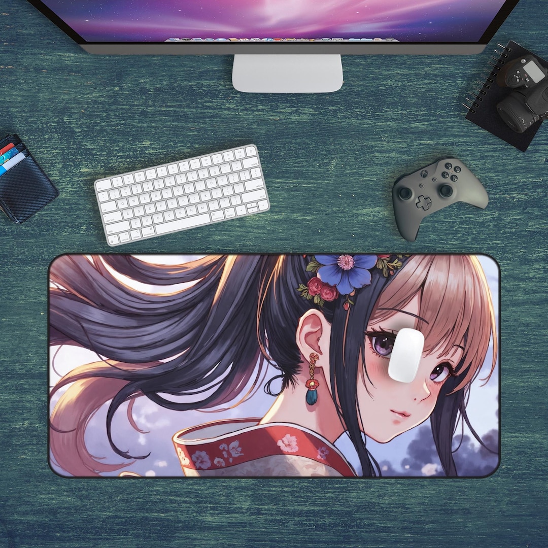 Beautiful Anime Kimono Girl Desk Mat, Floral Hair Waifu Mousepad ...