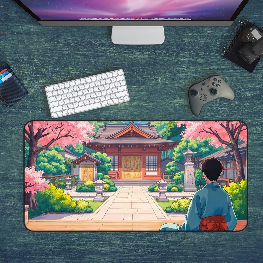 Japanese Shrine Scenery Desk Mat, Anime Boy in Kimono Mousepad, Cherry ...