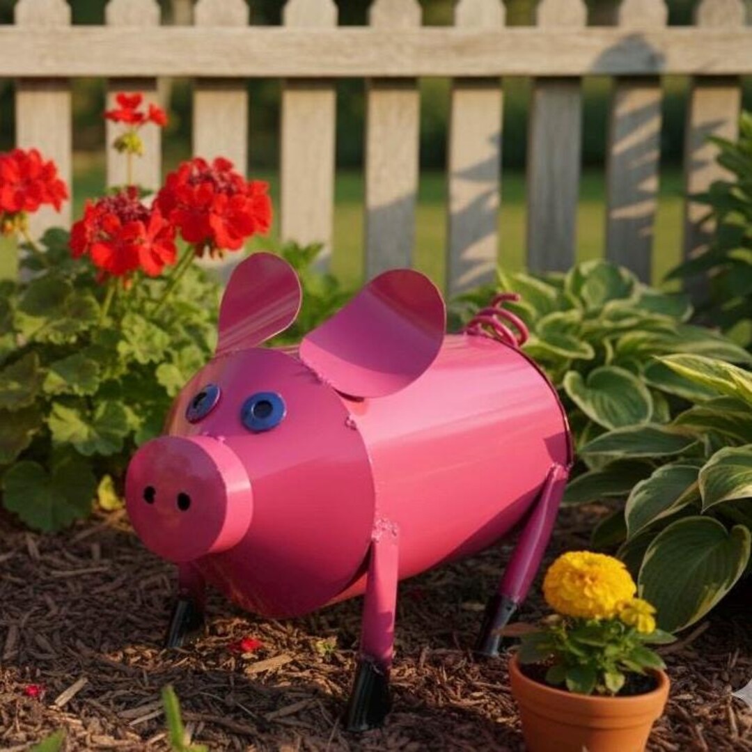 Metal Pink Cute Pig | Garden Patio Decor | Southwestern Yard Art ...
