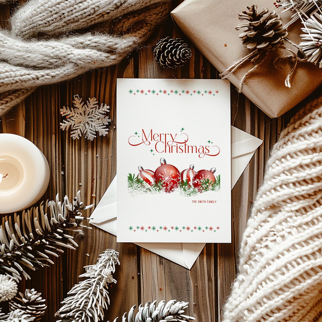 Editable Christmas Card Template | Red Ornament Design (5x7 Canva Pro ...