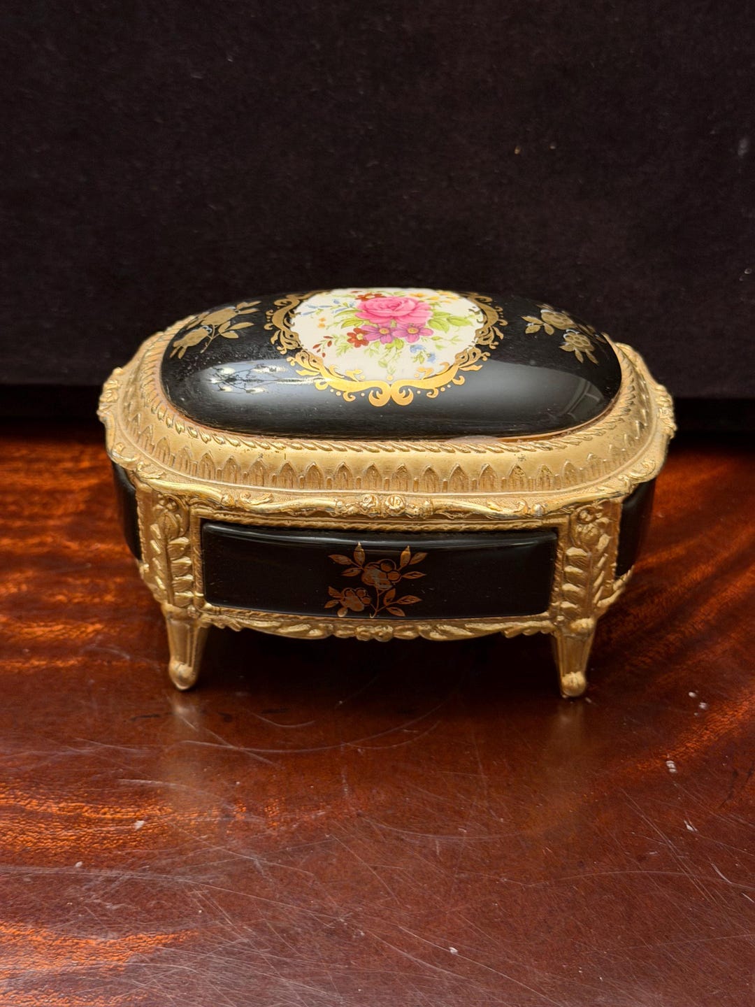 Vintage French-style Sankyo Music Box With Floral Lid, Black Lacquer ...