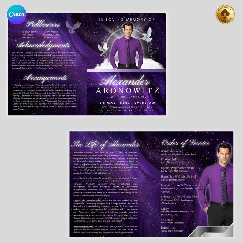 Purple With Clouds 8 Page Funeral Memorial Template, 17x11 Obituary ...