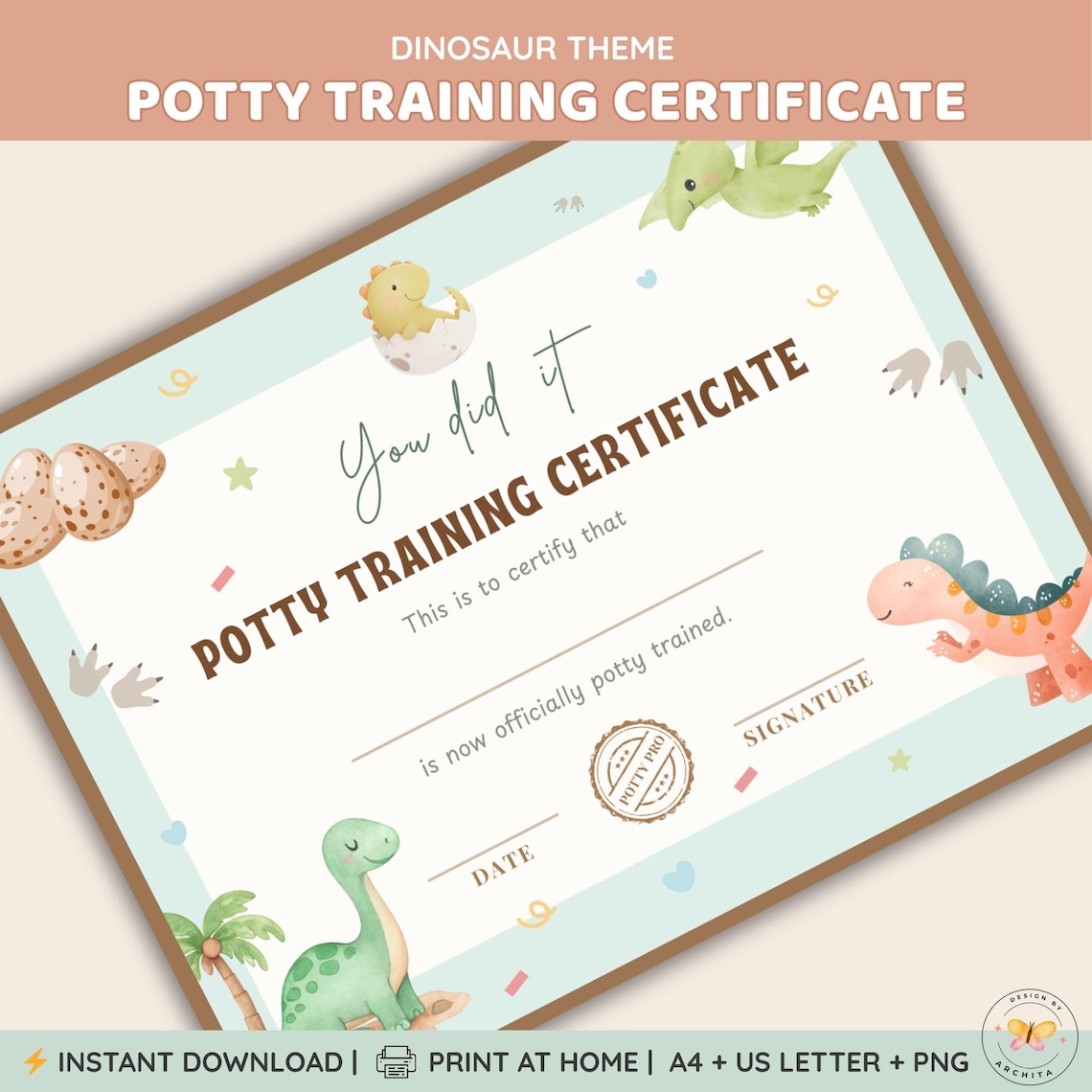 Potty Training Certificate Printable – Dinosaur Theme | Toddler Potty ...