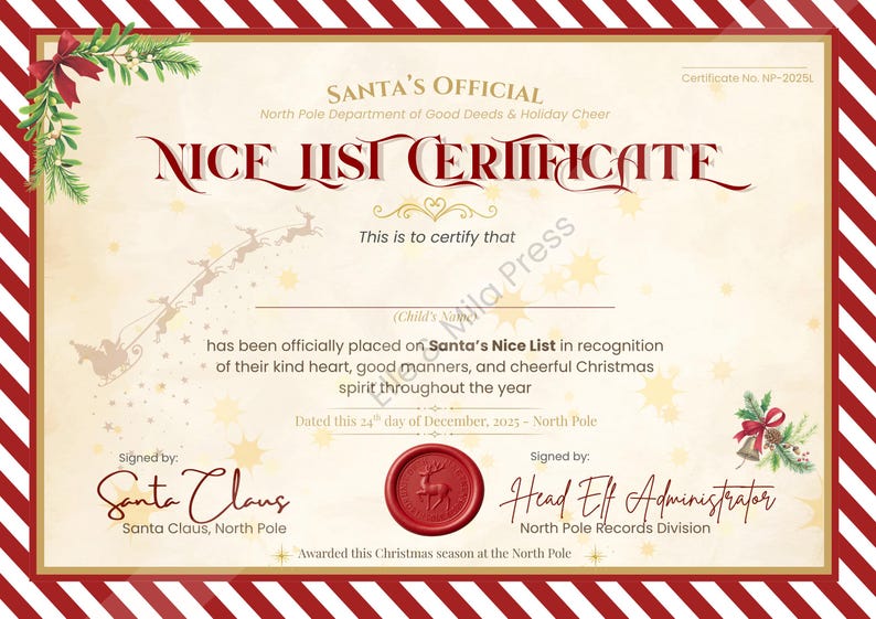 Nice List Certificate Printable – Santa’s Official Christmas Award ...