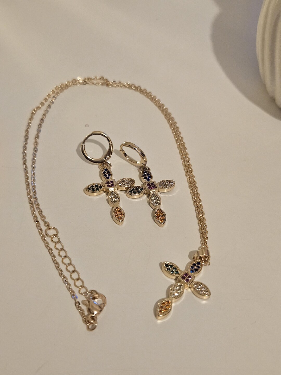 Multicolor Cross Jewelry Set – Elegant Gold-plated Necklace & Earrings ...