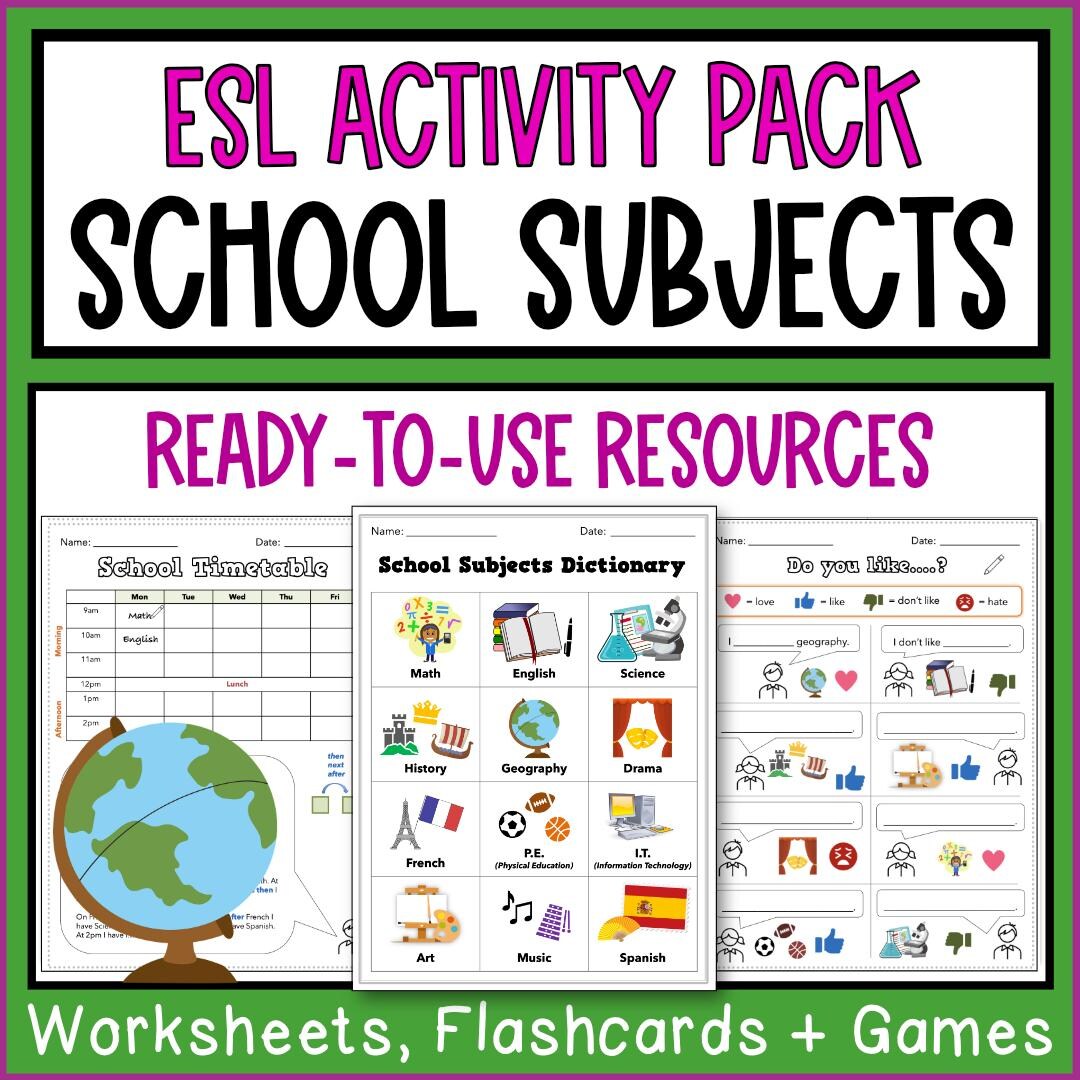 ESL School Subjects and Lessons Vocabulary Activity Pack: Worksheets ...