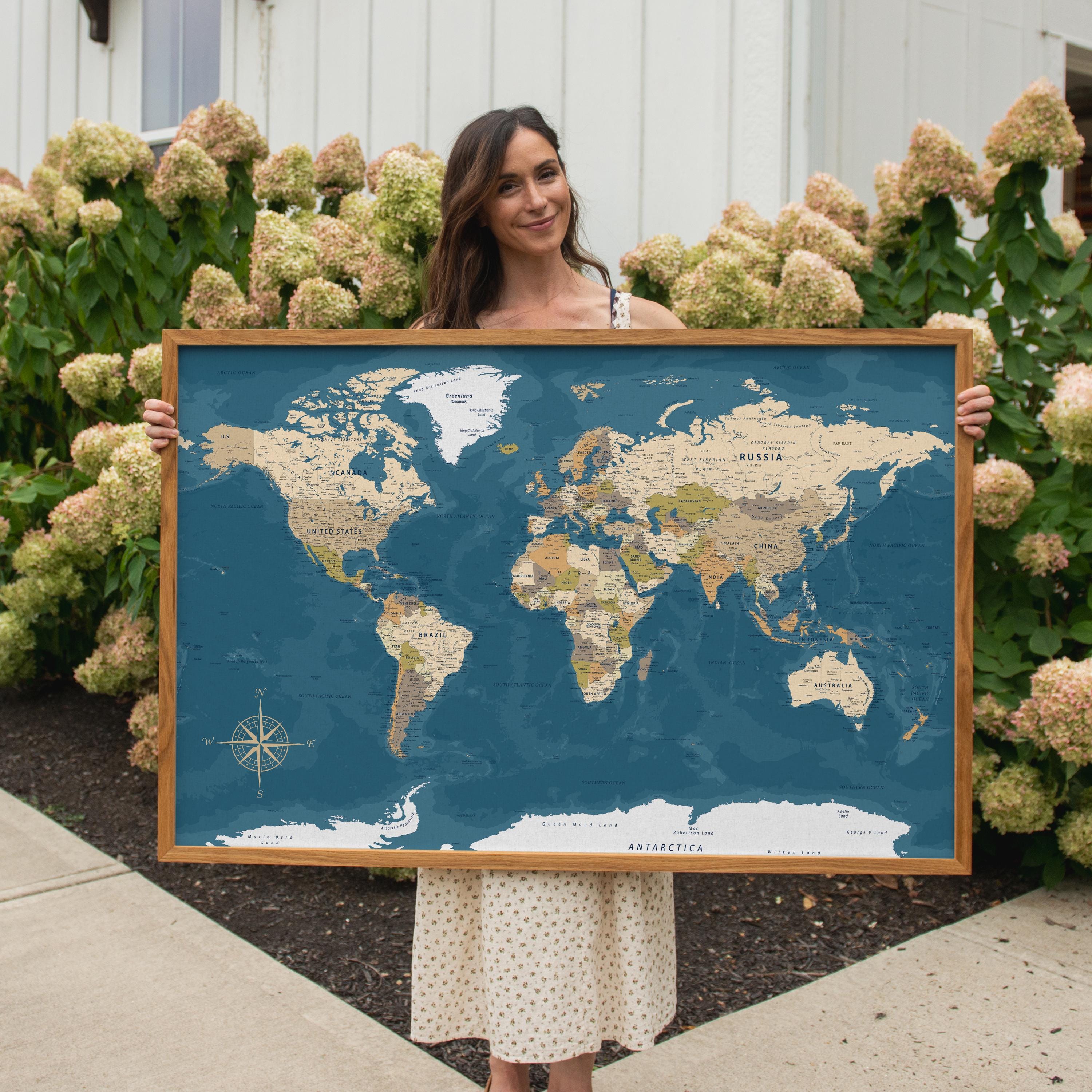 Highly Detailed World Map | Blue Water Earth Tones | Framed Canvas Wall ...