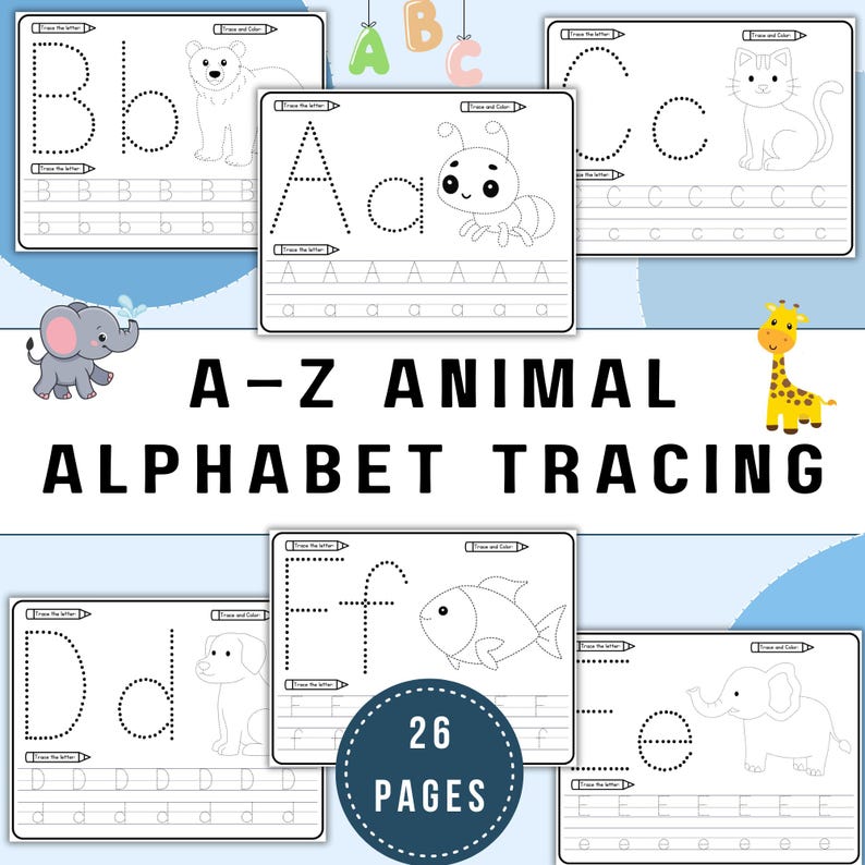Animal Alphabet Tracing Worksheets A-Z | Uppercase and Lowercase Letter ...