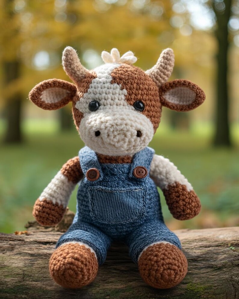 Highland Cow Amigurumi Crochet Pattern: Cute Farm Calf in Denim Overalls, Amigurumi Toy With ...
