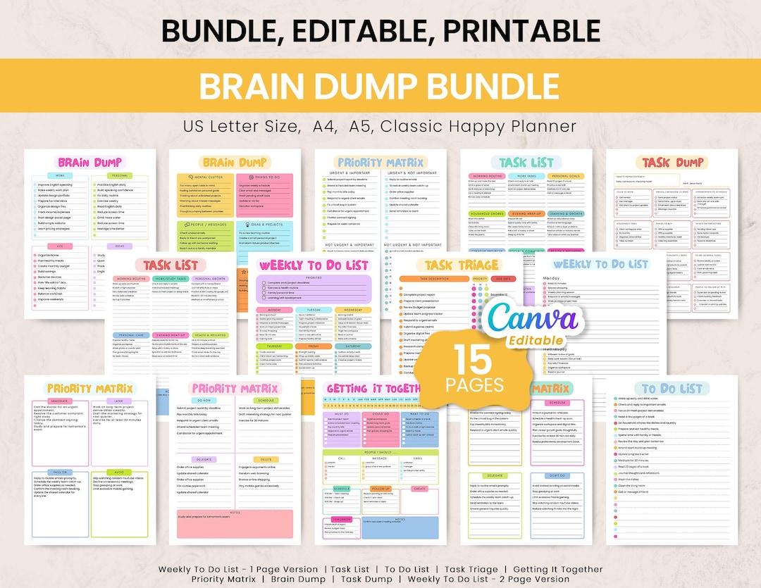 EDITABLE Brain Dump Template BUNDLE, to Do List Printable, ADHD Daily ...