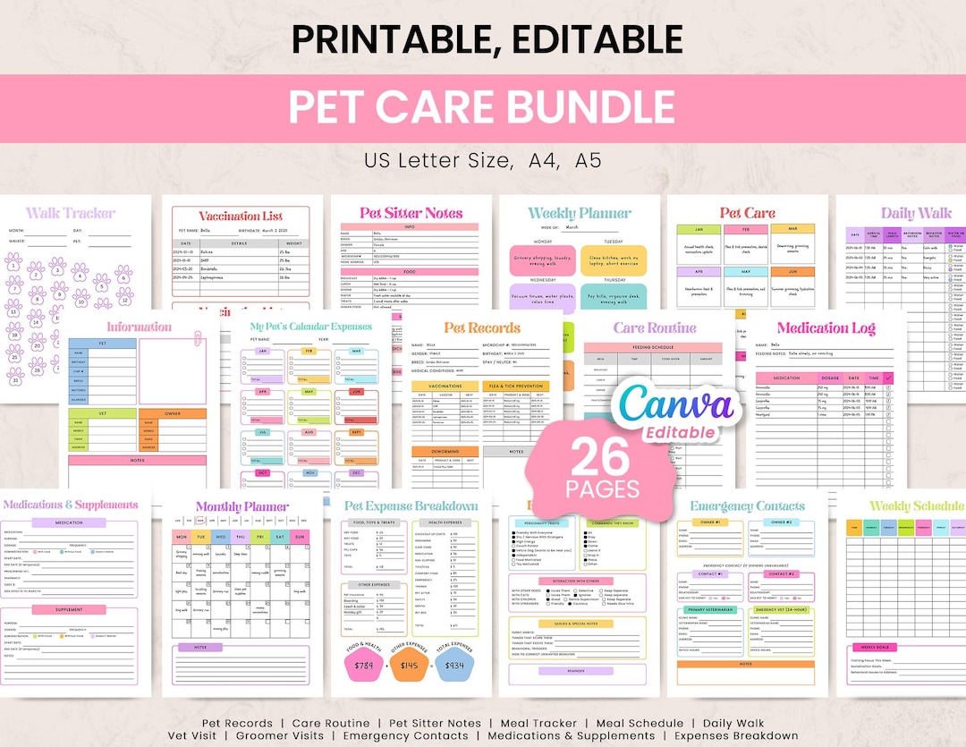 Pet Care Planner Printable Bundle | Pet Records | Vet Visit Log, Meal ...