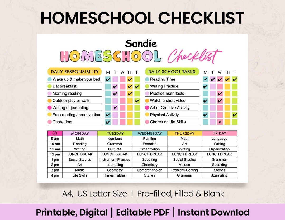 Editable Homeschool Checklist: Daily Student Routine (PDF) - Etsy