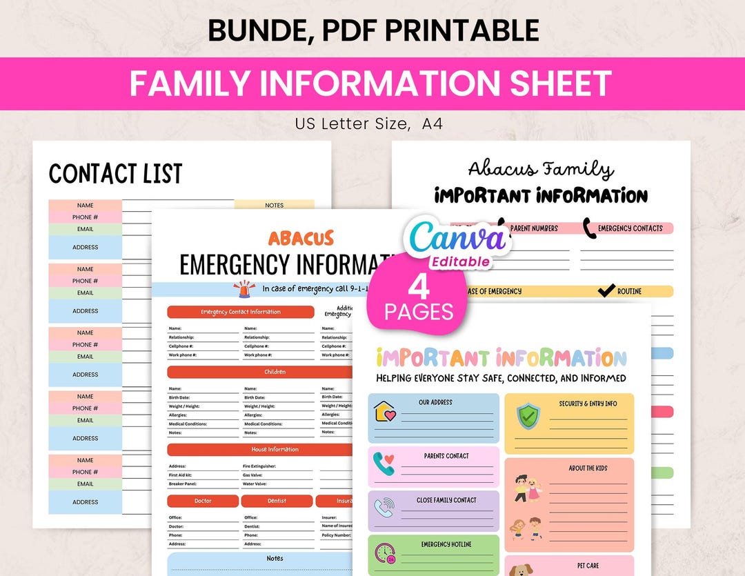 Editable Family Information Sheet | Emergency Contact Printable ...