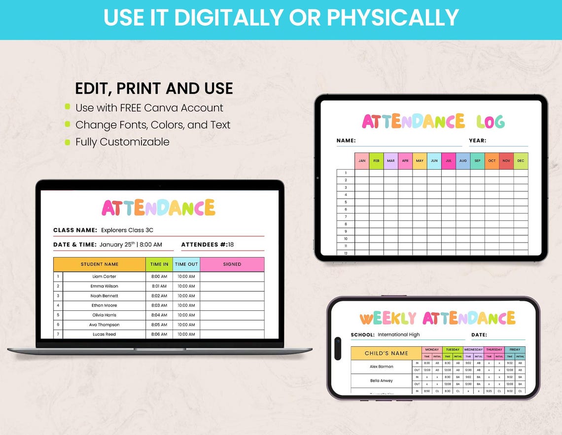 Editable Attendance Tracker Bundle, Canva, Attendance Record, Printable ...