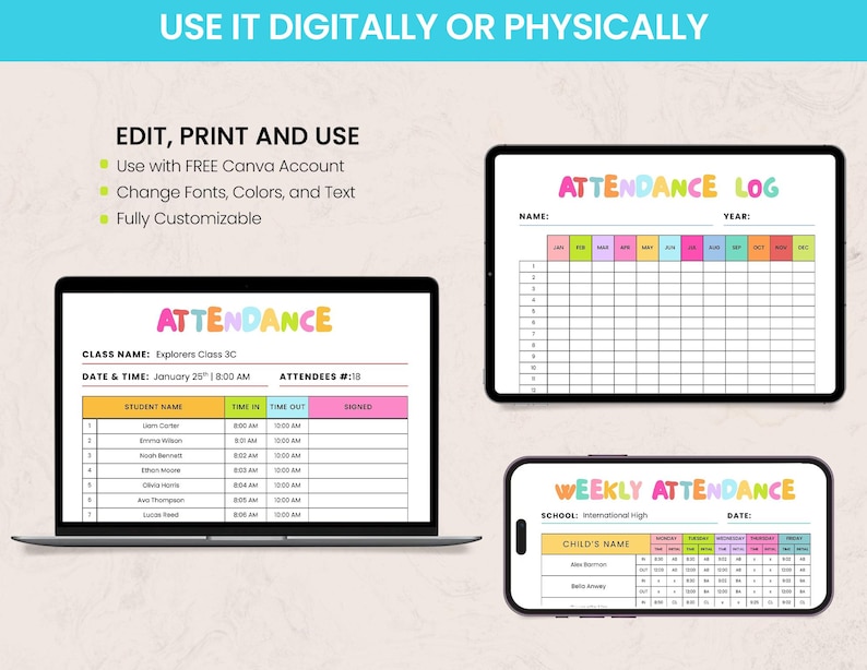 Editable Attendance Tracker Bundle, Canva, Attendance Record, Printable ...