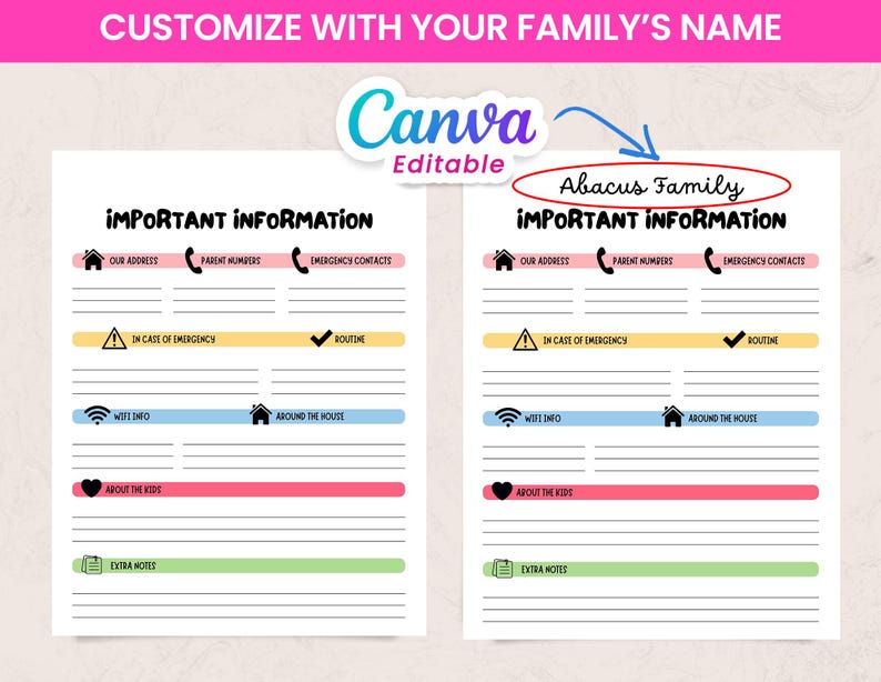 Editable Family Information Sheet | Emergency Contact Printable ...