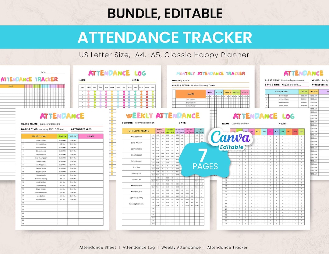Editable Attendance Tracker Bundle, Canva, Attendance Record, Printable ...