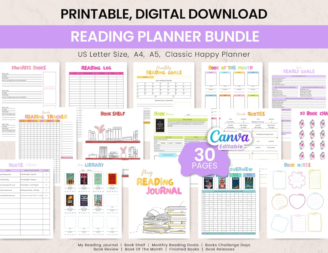 Reading Journal Bundle Canva Editable – Printable Journal Pages ...