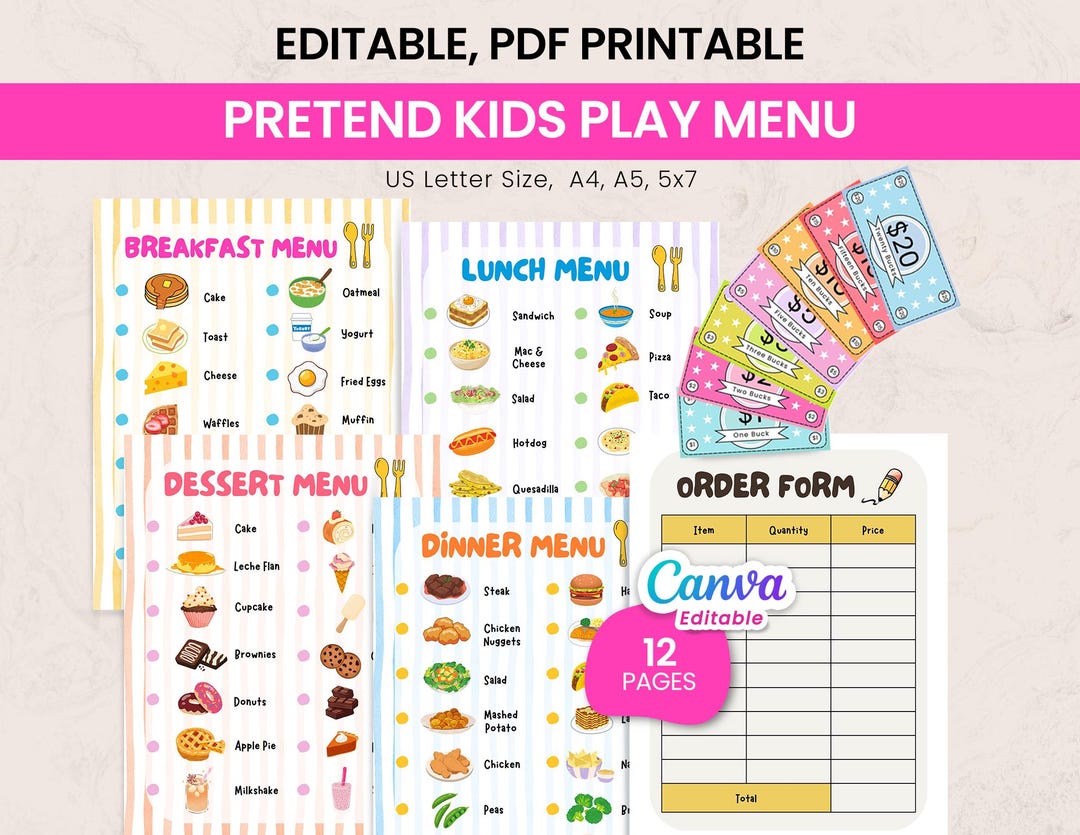 Pretend Play Menus, Kids Restaurant Menus, Kids Play Menus, Kitchen ...