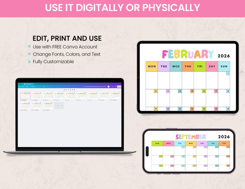 2026 Monthly Calendar Printable | Canva Editable Monthly Planner ...