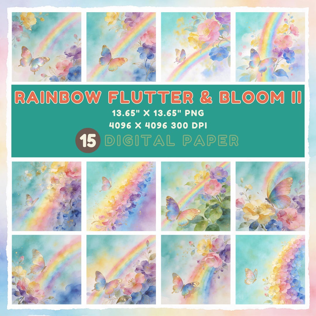 Rainbow Flutter & Bloom II | Watercolor Butterfly Scrapbook Paper ...