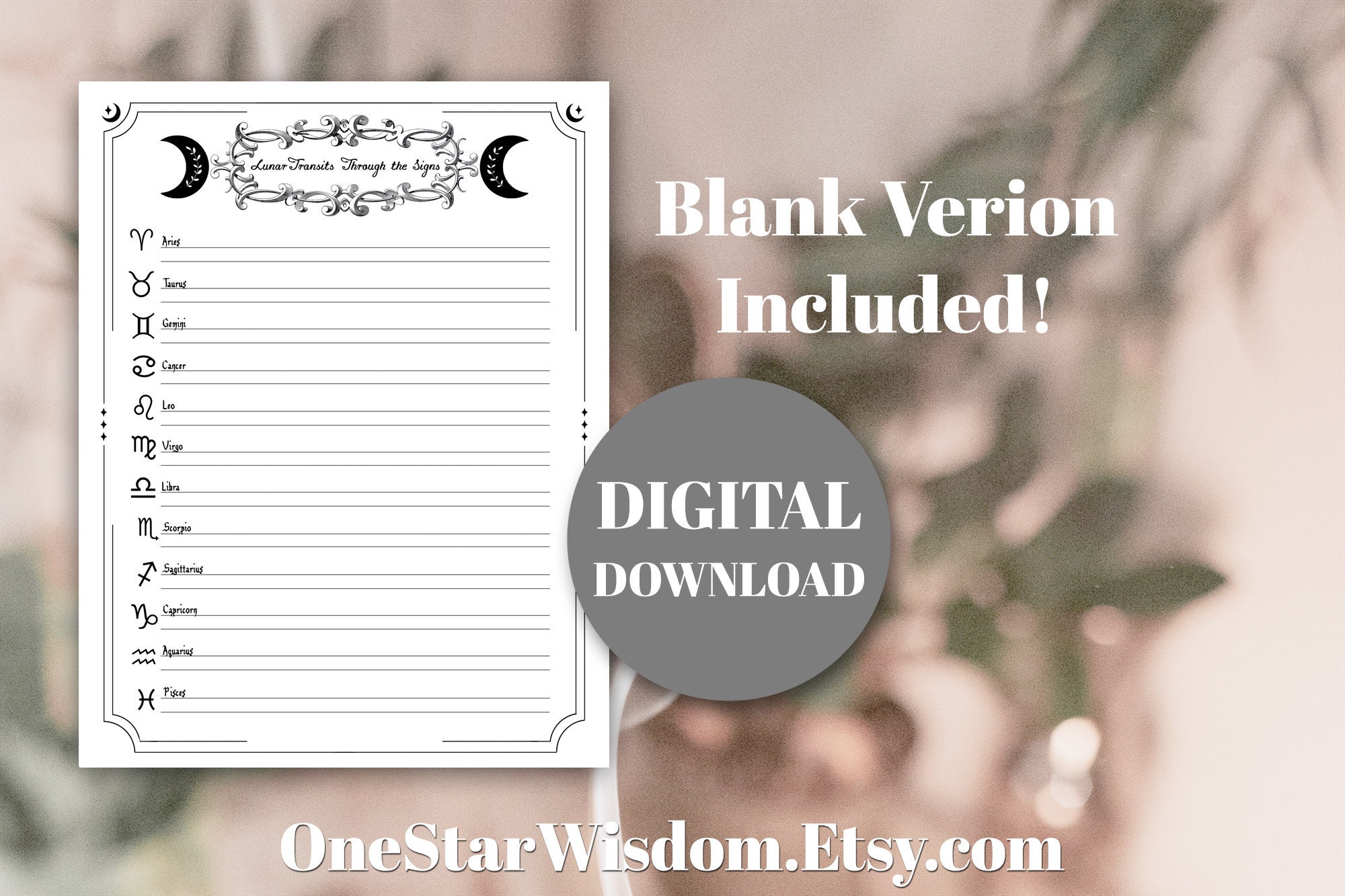 Lunar Transits Reference Sheet - Printable PDF - Moon Cycles ...