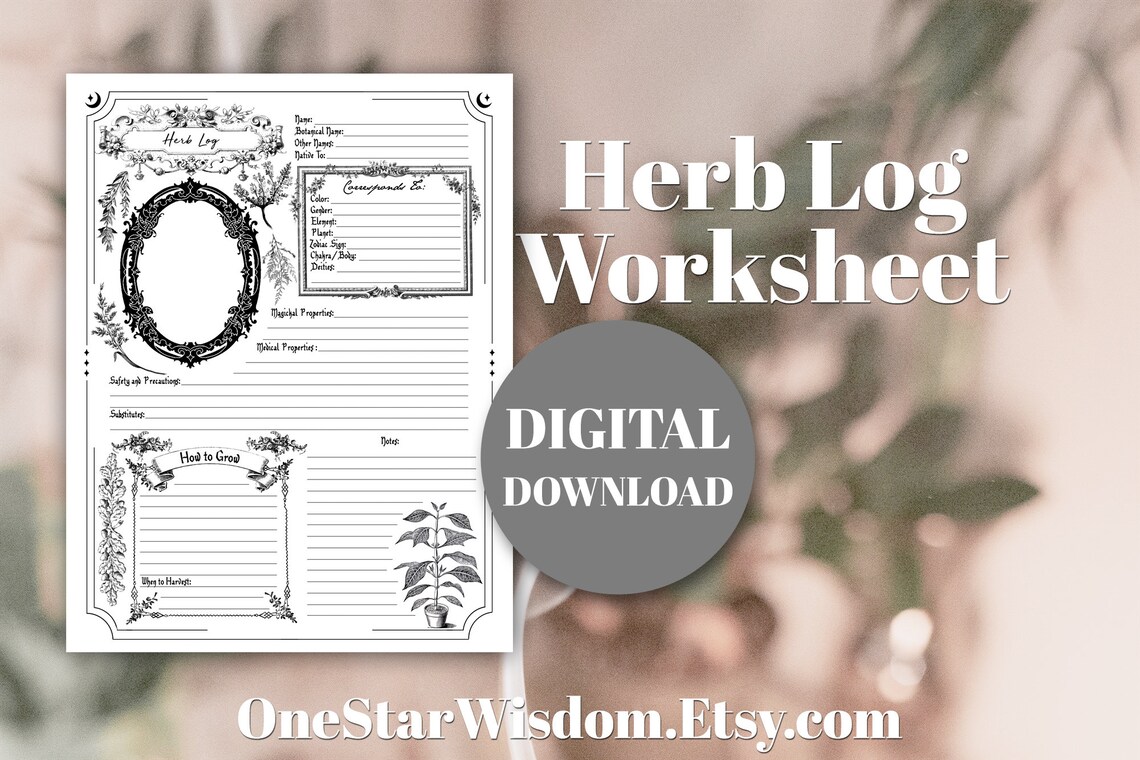Herb Log Worksheet - Printable PDF - Herbs - Herbology - Witchcraft ...