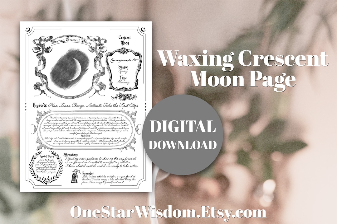 Waxing Crescent Moon Reference Sheet - Printable PDF - Moon Cycles ...
