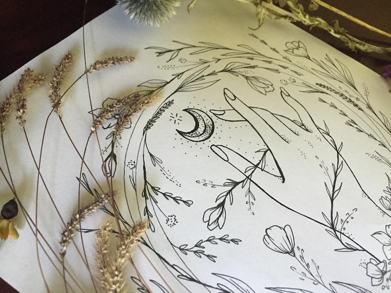 Seize the Moon - Hand Drawn Art Print - Coloring Page - Witchy Wall ...