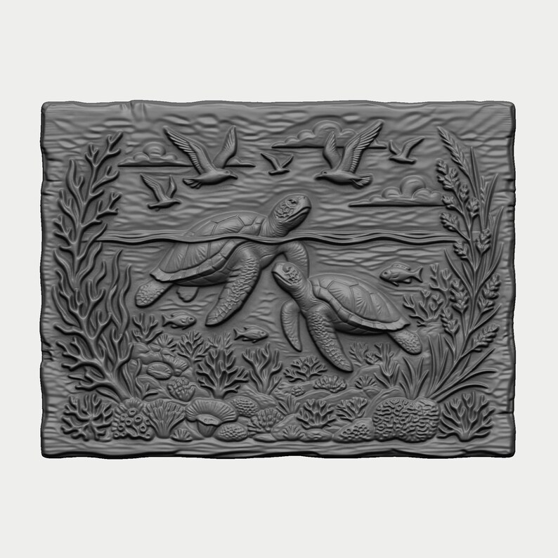 Sea Turtle Ocean Relief STL | CNC Marine Wall Art 3D Model (digital ...