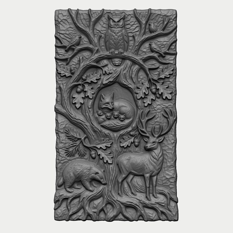Woodland Animal Tree Relief STL | Forest Wildlife Wall Art (digital ...