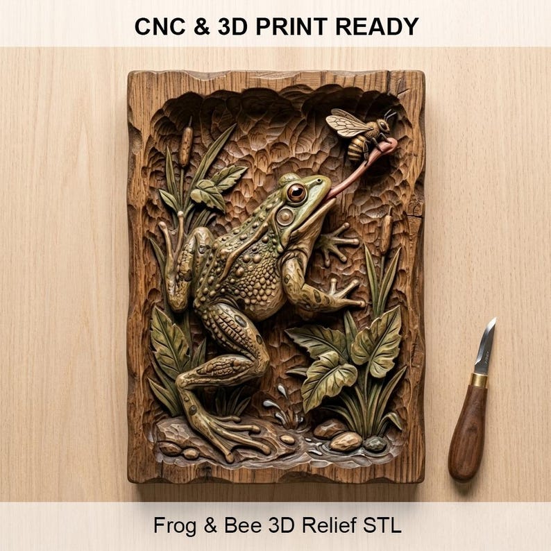Frog Bee 3D Relief STL File | Layered Wood Carving, Wildlife Wall Art ...