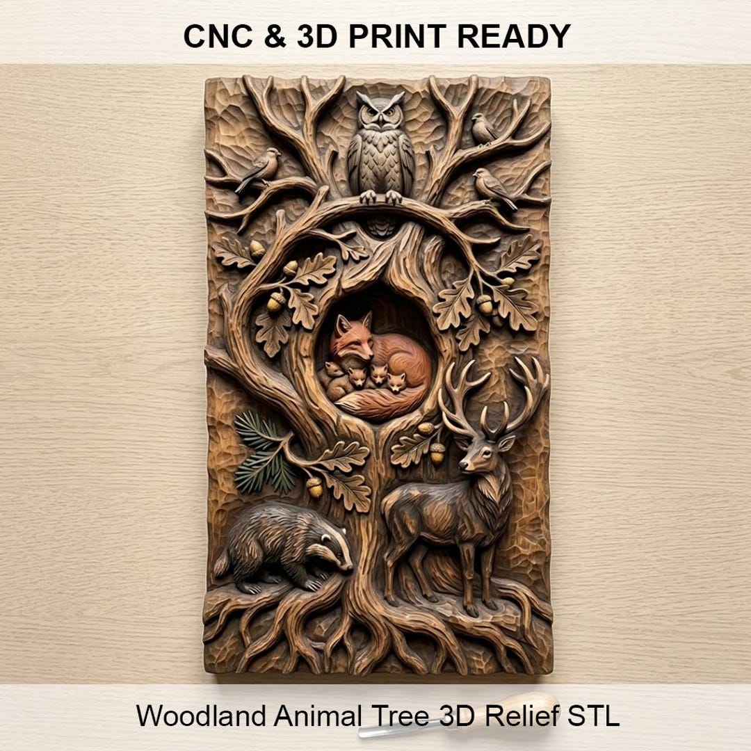 Woodland Animal Tree Relief STL | Forest Wildlife Wall Art (digital ...