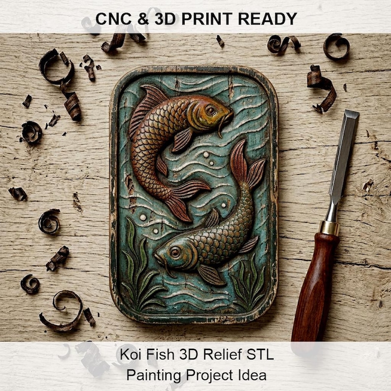 Koi Fish 3D Relief STL | CNC Router File | Decorative Wall Panel for 3D ...