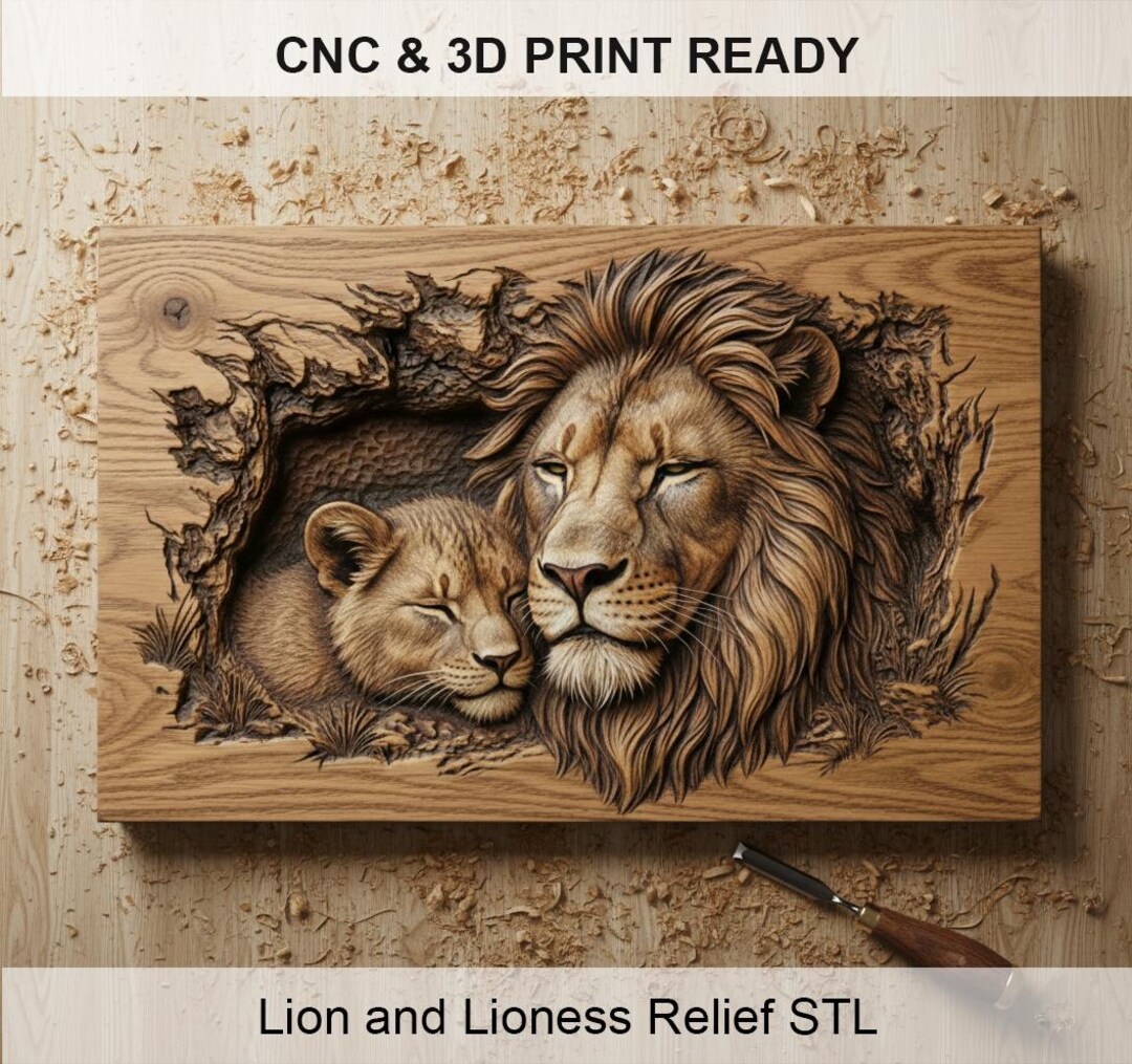 Lion and Lioness Wood Carving Relief STL | CNC, 3D Print File (digital ...