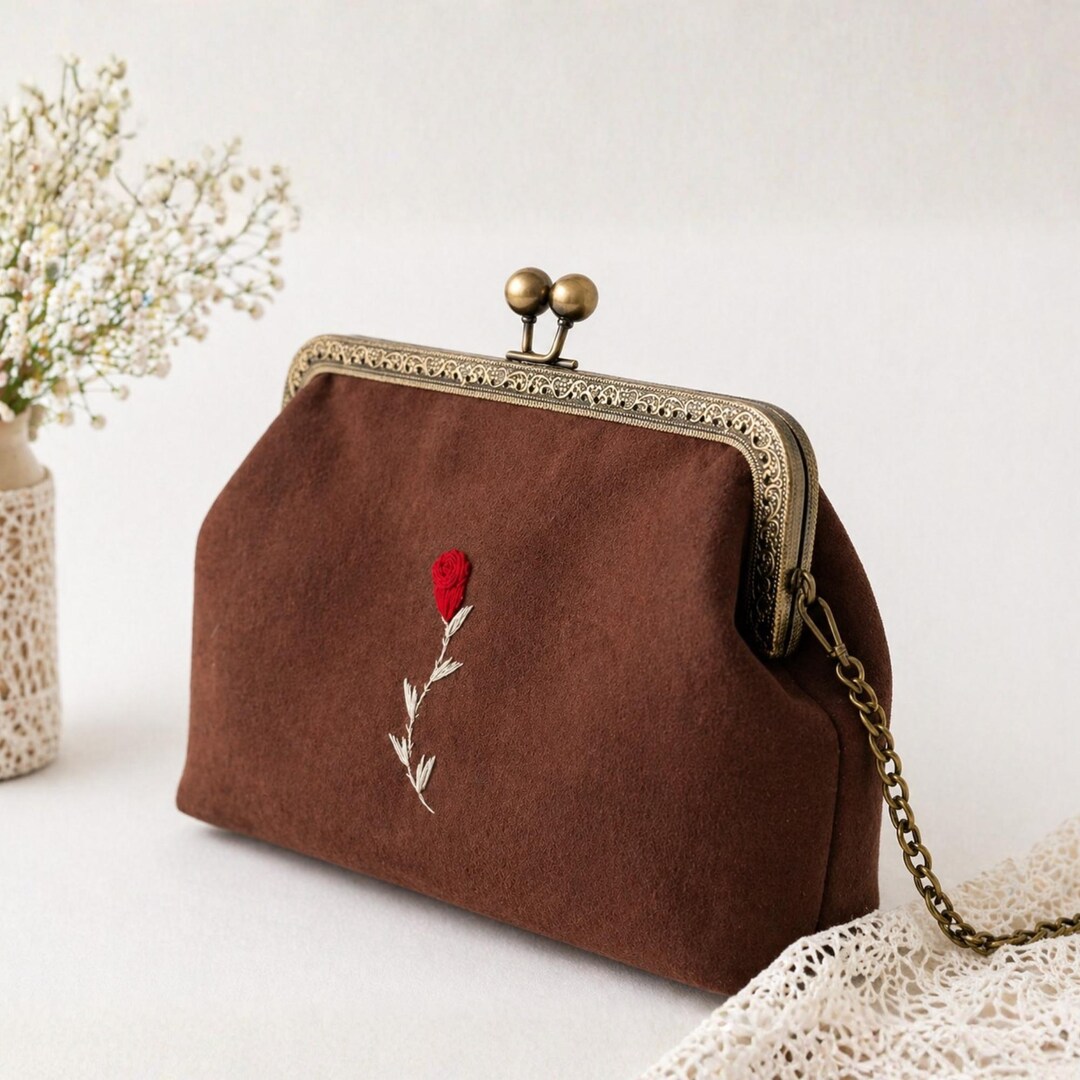 Personalized Rose Embroidered Clutch Purse, Hidden Photo Keepsake Bag ...