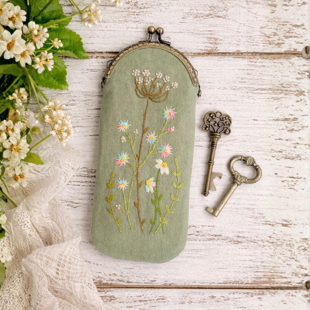 Embroidered Floral Linen Glasses Case, Handmade Kiss Lock Eyeglass ...